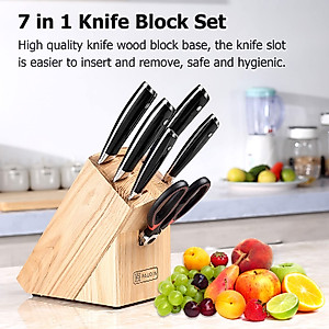 PAUDIN Knife Set with Block, 7-Pieces Knife Sets for Kitchen with Block, Razor-Sharp Chef Knife Set with Kitchen Scissor, High Carbon Stainless Steel Kitchen Knife Set with Full Tang Handle