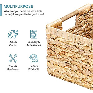 VATIMA Large Wicker Basket Rectangular with Wooden Handles for Shelves, Water Hyacinth Basket Storage, Natural Baskets for Organizing, Wicker Baskets for Storage 14.5 x 10.3 x 7.5 inches