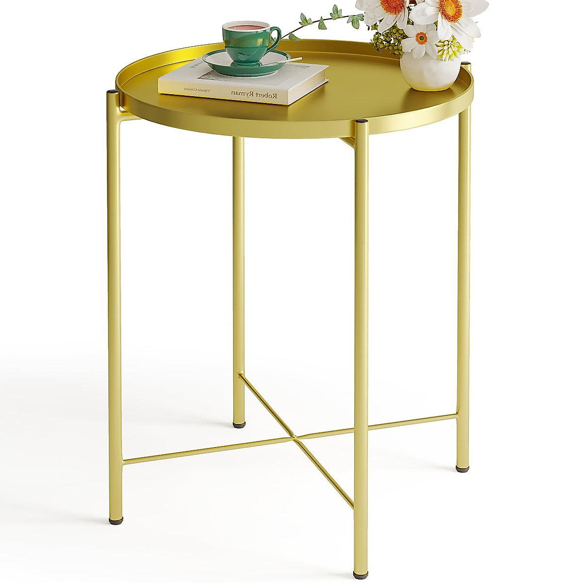 Fixwal Metal Side Table, Gold End Table for Small Spaces, Round Accent Side Table with Removable Tray for Living Room, Coffee Table for Bedroom Balcony and Office