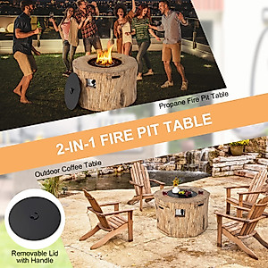 Tangkula 50,000 BTU Gas Fire Pit Table, Patiojoy 40” Round Propane Firepit with Removable Lid, Volcanic Rock & PVC Cover, Outdoor Fire Pit Table with Wood-Like Surface for Patio, Backyard