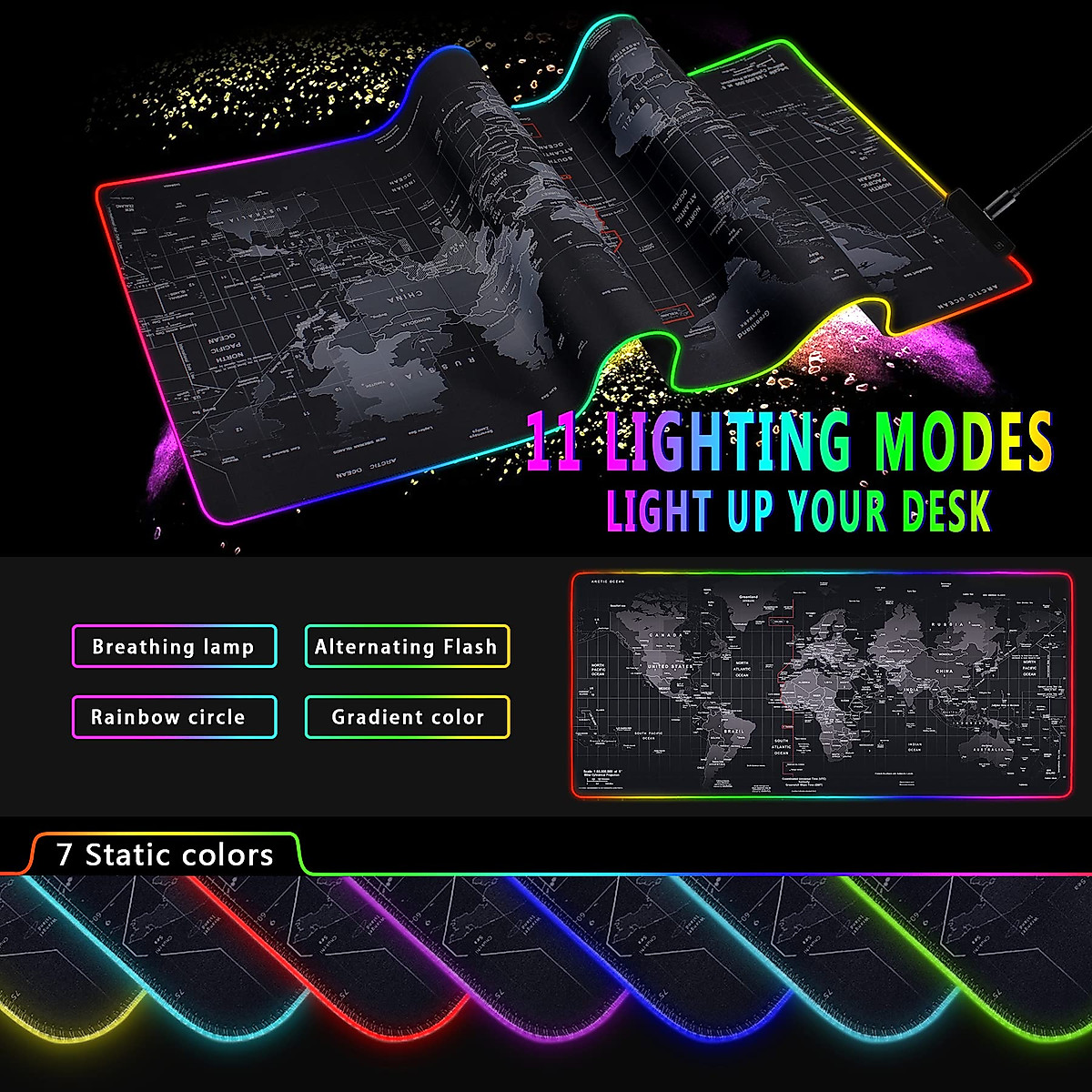 31.5"X12" Large Gaming Mouse Pad for Desk, RGB Mouse Pad with 11 Lighting Modes, Quality World Map Mouse Pad with Durable Strip Lighting, Waterproof LED Mouse Pad with Non-Slip Rubber Base