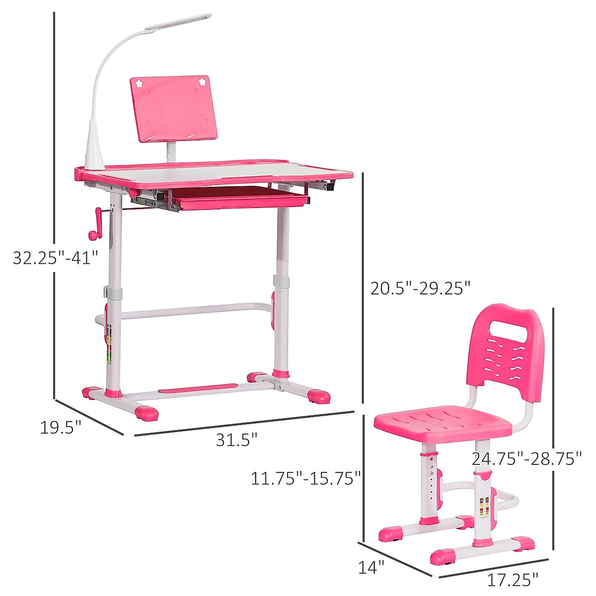 Qaba Kids Desk and Chair Set, Height Adjustable School Study Table and Chair, Student Writing Desk with Tilt Desktop, LED Light, Pen Box, Drawer, Reading Board, Cup Holder, and Pen Slots, Pink