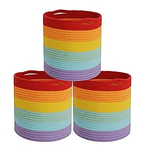 Autonomier 3-Pack Rainbow Cotton Rope Storage Baskets for Organizing, 11x11x11'' Cube Storage Bins for Closet, Toy Storage Baskets, Decorative Woven Storage Baskets for Shelves, Round