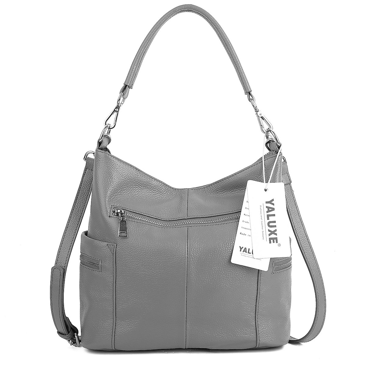 YALUXE Women's Multi Pocket Soft Cowhide Leather Medium Purse Style Shoulder Bag Grey