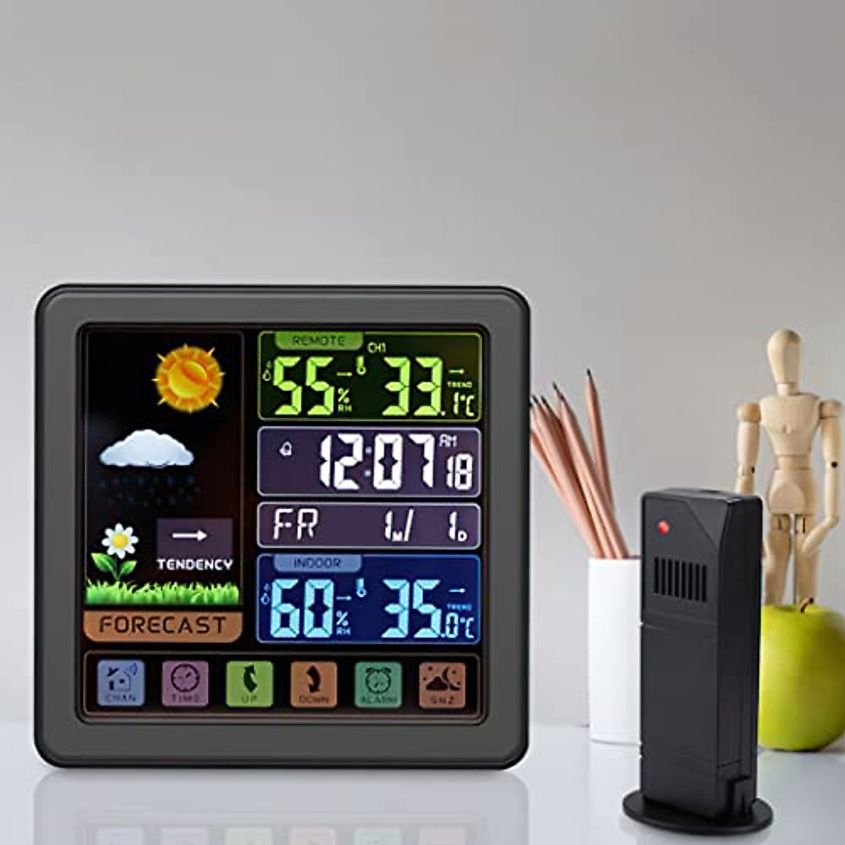 Weather Station Wireless Indoor Outdoor Thermometer, Multi-Function Color Display Digital Weather Thermometer with Atomic Clock, Forecast Station with Calendar and Adjustable Backlight