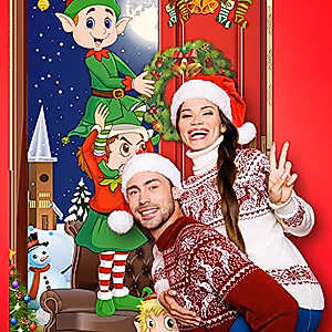 Christmas Door Cover, Funny Elves Door Backdrop Fabric Santa Backdrop Christmas Background Banner Xmas Door Hanging Covers Photo Booth Props for Christmas Party Decorations, 70.9 x 35.4 Inch