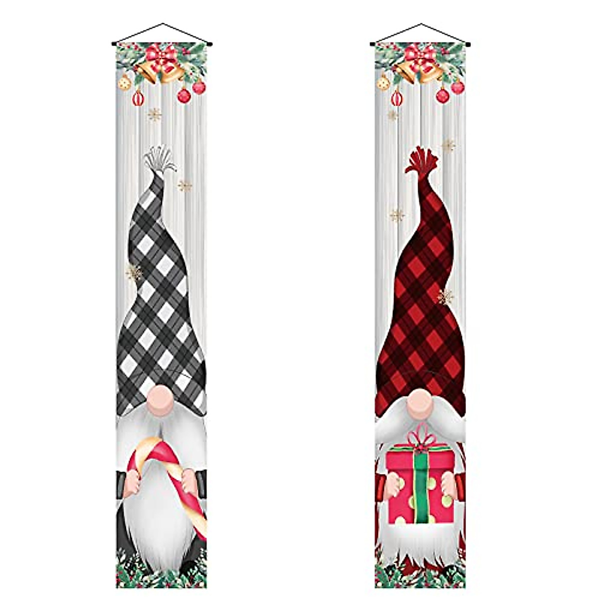 Rainlemon Merry Christmas Gnome Porch Banner Swedish Tomte Nordic Buffalo Check Plaid Front Door Sign Decoration