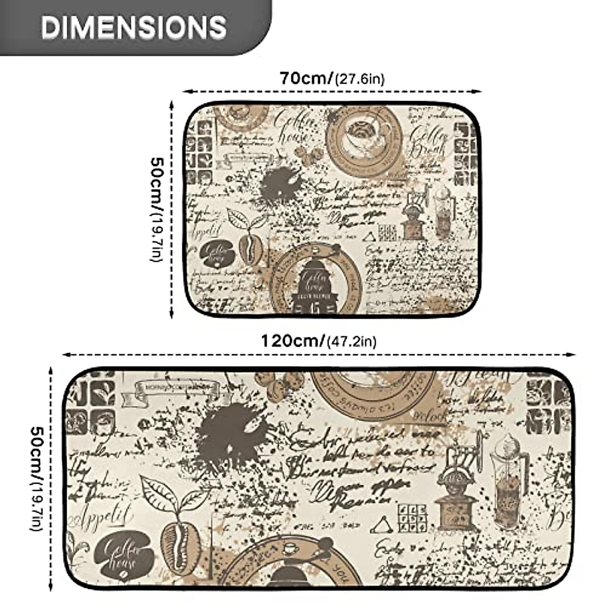 J JOYSAY Coffee Theme Symbol Retro Kitchen Rugs and Mat 2 Pieces Set Cushioned Anti Fatigue Kitchen Mat Non Slip Comfort Standing Mat Washable Farmhouse Decor for Kitchen Floor Home Office Laundry