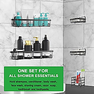 TBMax Shower Caddy, 5 Pack Adhesive Bathroom Shower Organizer with Soap Dish & Toothbrush Holder, Black Shower Shelf for Inside Shower, Wall Mounted Stainless Steel Shower Rack Bathroom Accessories