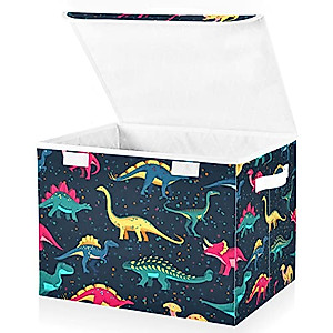 RunningBear Colorful Cute Dinosaurs Large Storage Bins with Lid Collapsible Storage Bin Storage Cubes Fabric Foldable Storage Cube Organizer Basket for Boys Girls Toys