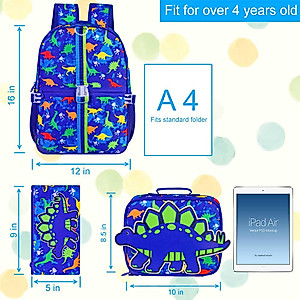 3PCS Dinosaur Backpack, 16" Boys Bookbag and Lunch Box for Kids, Preschool Backpacks for Elementary Students