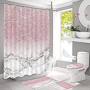juwute 4 Pcs Pink Shower Curtain Set Marble Bathroom Shower Curtain Sets with Rugs and Accessories,Shiny Toilet Lid Cover Bath Mat and Flash Contour Mat Sets,12 Hooks,Polyester,Waterproof