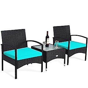 Tangkula 3 Pieces Patio Wicker Rattan Furniture Set, Rattan Chair with Coffee Table, High Load Bearing Chair Conversation Sets for Patio Garden Lawn Backyard Pool