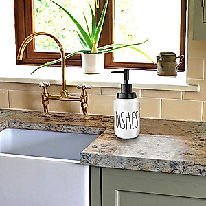 Soap Dispenser–Modern Farmhouse Style Ceramic Dishes Liquid Soap Dispenser–Perfect for Kitchen Counter Décor or Kitchen Sink-Bathroom Soap Dispenser–White Bottles with Black Pump and Lettering(14oz)