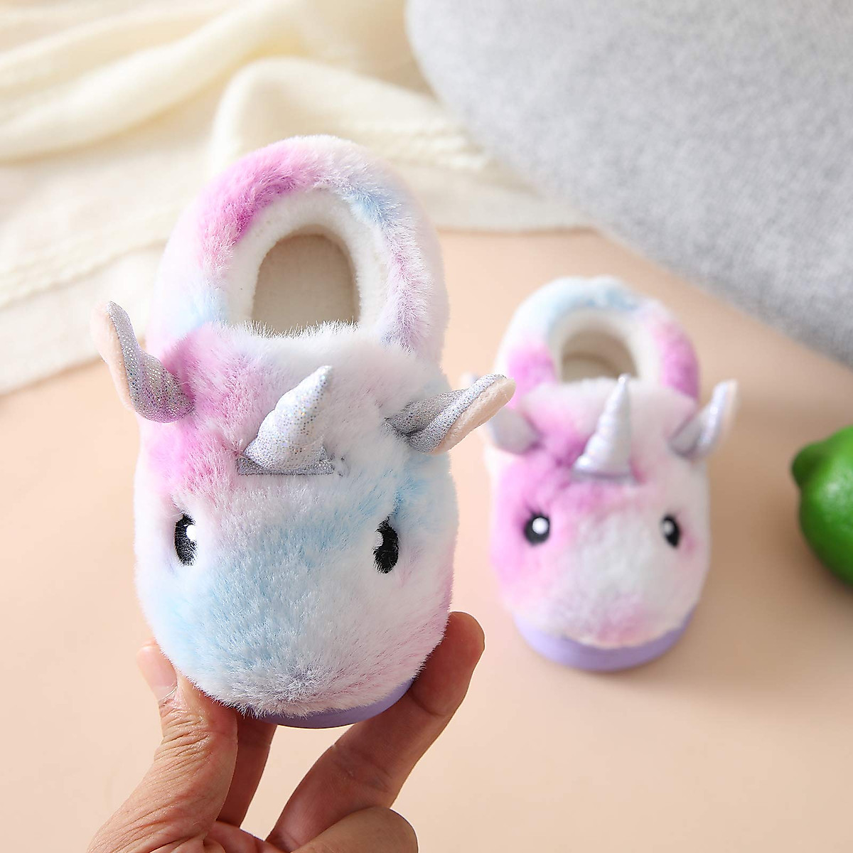 Ainikas Boys Girls Plush House Slippers Toddler Liitle Kids Warm Fluffy Fuzzy Slippers Nonslip Winter Slippers, Purple-01, 12-13 Little Kid