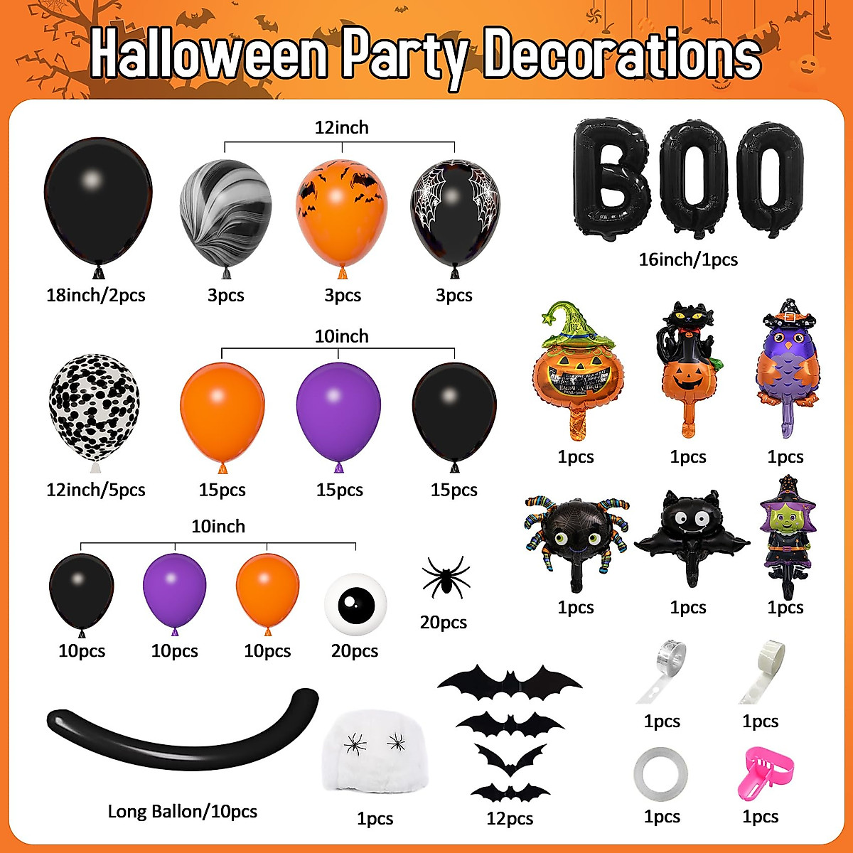 165Pcs Halloween Balloon Arch Garland Kit with Giant Spider Bat Balloon Black & White Orange Purple Confetti Halloween Foil Balloons 3D Bat Eyeballs for DIY Halloween Birthday Party Decorations