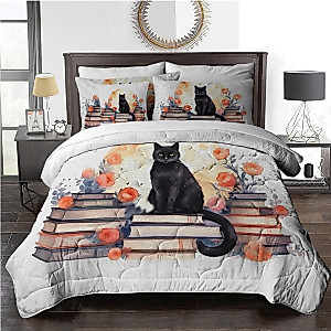 BlessLiving Witch Cat Kids Comforters and Sheets King Size Black Cat with Book Bedding Set for Girls Women 8 Piece Watercolor Flower Animal Pet Bed Set for All Season (King)