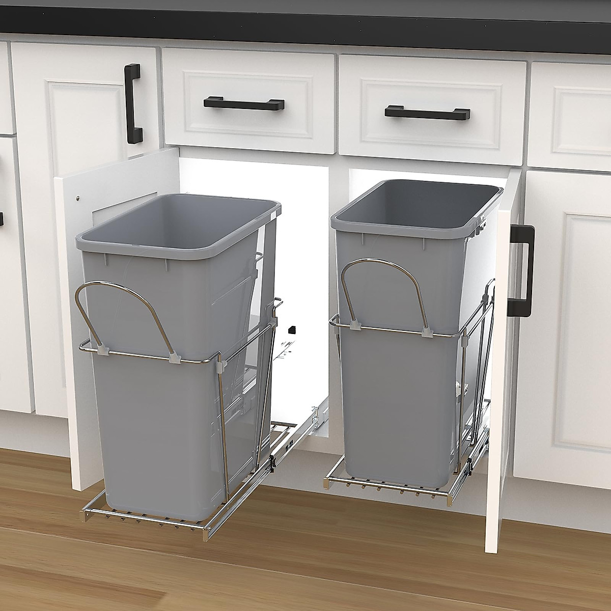 Single Pullout Trash Can for Under Kitchen Cabinets Include Single 35QT Trash Bin Doesn't Include Door Fittings, Bottom-Mount Recycling Bin