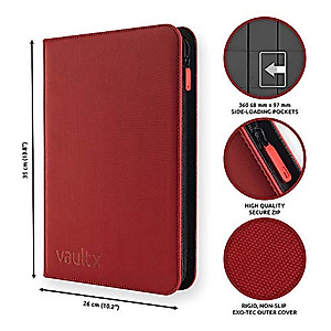 Vault X Premium Exo-Tec® Zip Binder - 9 Pocket Trading Card Album Folder - 360 Side Loading Pocket Binder for TCG (Red)