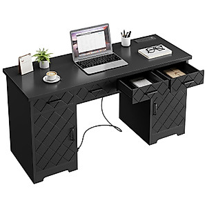 Jojoka 55" Executive Desk, Wood Computer Desk with Drawers and Cabinet, Home Office Desk with Charging Station for Work Study Writing