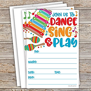 Kids Music Invitations (20 Count) With Envelopes - Musical Instruments Birthday Party Invites