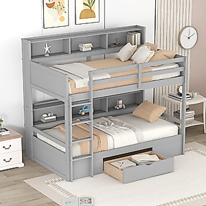 SOFTSEA Twin Over Twin Bunk Bed with Storage Shelves and Drawers, Solid Wood Bunk Bed Frame with Guardrails and Built-in Ladder for Kids, Twin Size Bunk Bed for Bedroom, Gray