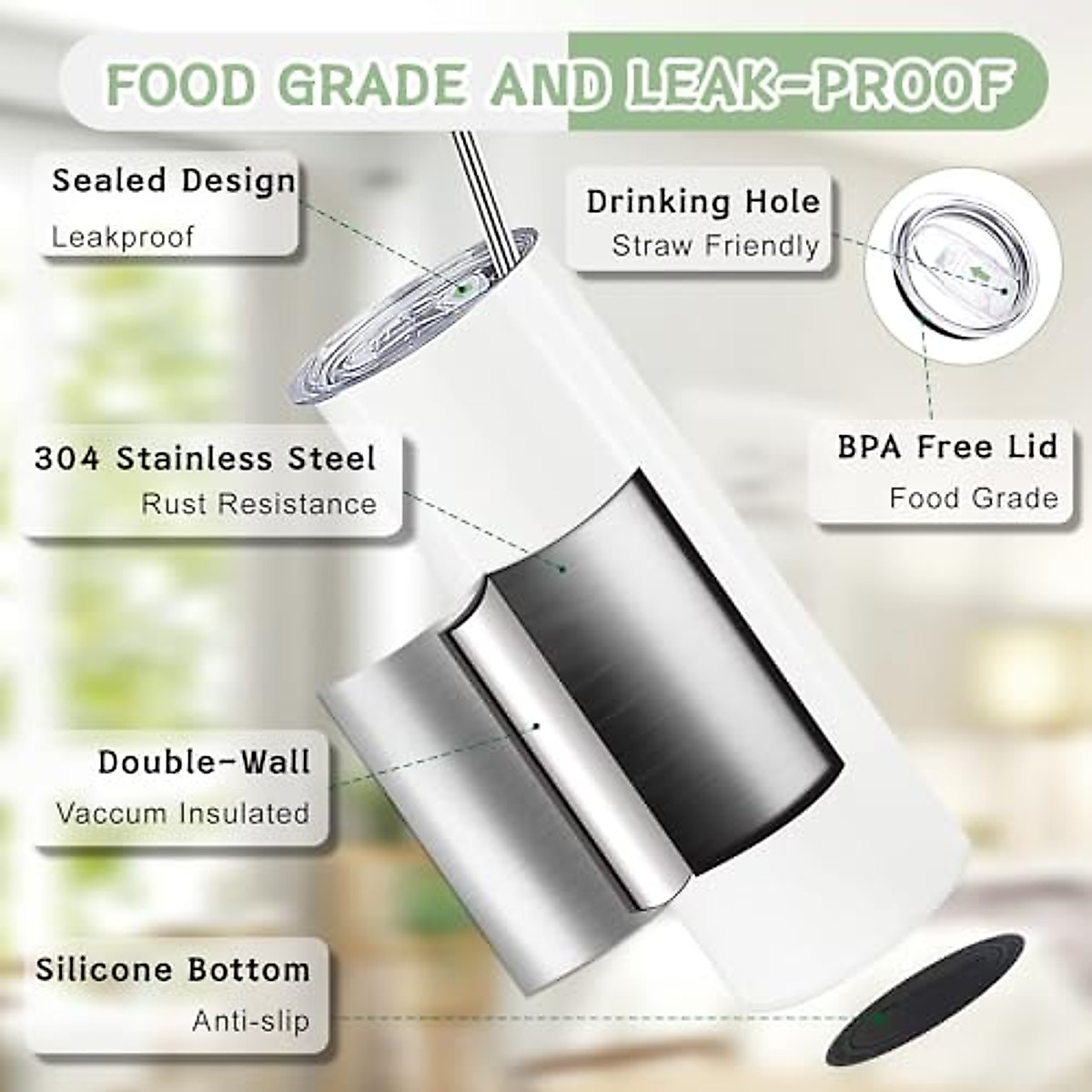 Kocdam 8 Pack Sublimation Blanks, 20oz Sublimation Tumblers Skinny Straight with Lids and Straws Bulk, Stainless Steel Double Wall Polymer Coating for Heat Transfer Customized Gifts