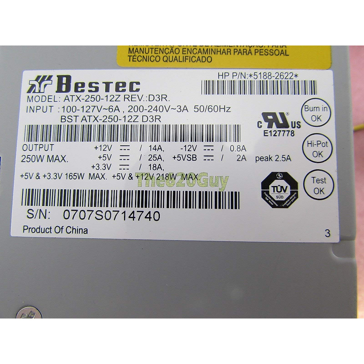 HP 5188-2622 250W 250 Watts ATX12V PSU Power Supply Bestec ATX-250-12Z REV D3R (Renewed)