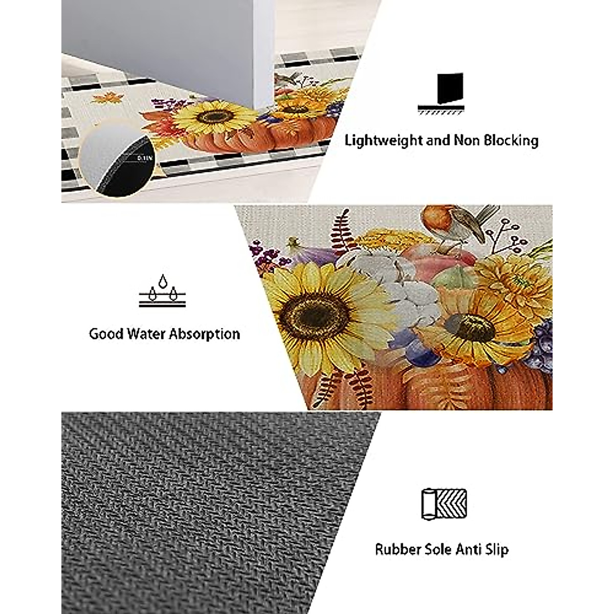 Bathroom Floor Shower Mat, Non-Slip Small Rugs - Easy to Clean, Thanksgiving Pumpkin Sunflower Maple Leaf Durable Bath Rug 16"x24" Washable Quick Dry Diatomaceous Earth Mats for Bathtubs