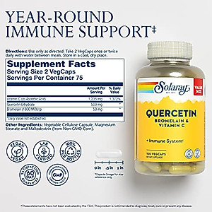 SOLARAY Quercetin Bromelain & Vitamin C, Immune System, Sinus, Respiratory & Antioxidant Activity Support, Vegan, 500mg of Quercetin & 1,235mg of VIT C, 60 Day Guarantee, 75 Servings, 150 VegCaps