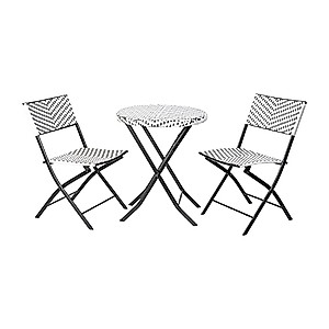 Flash Furniture Rouen Commercial Grade Folding Bistro Set, Indoor/Outdoor PE Rattan Table Top, Back and Seat, Black Steel Frames, 3 Piece Set, Black/White