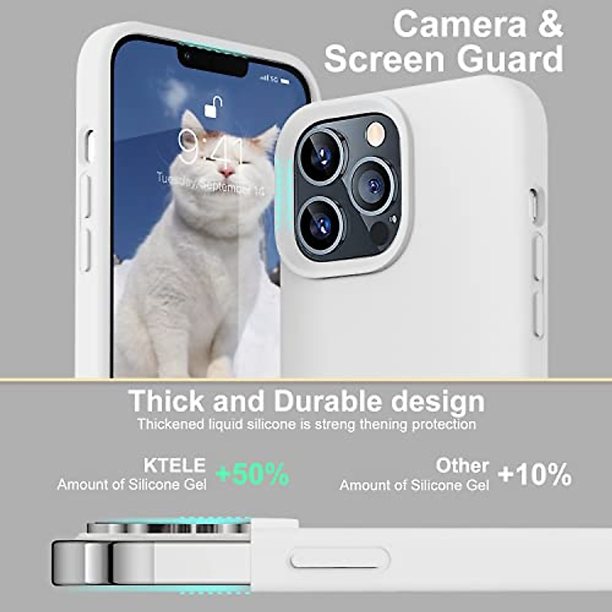 Ktele Compatible with iPhone 13 Pro Max Case 6.7 inch Premium Liquid Silicone with [Soft Anti-Scratch Microfiber Lining] Gel Rubber Full-Body Bumper Protection Case for iPhone 13 Pro Max - White