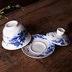 MULHUE Teacups set,Chinese Traditional Teaware Blue and White Porcelain Gaiwan Kungfu Tea bowl with Lid and Saucer - 180ml,Landscape