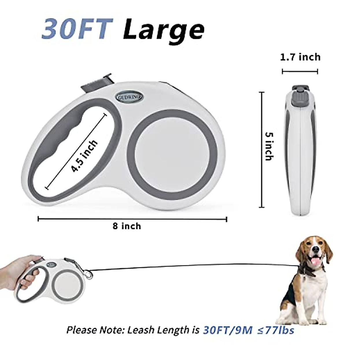 Retractable Dog Leash 30 FT, GUDWING Dog Walking Leash for Medium Large Dogs up to 77 lbs, Heavy Duty No Tangle, Large