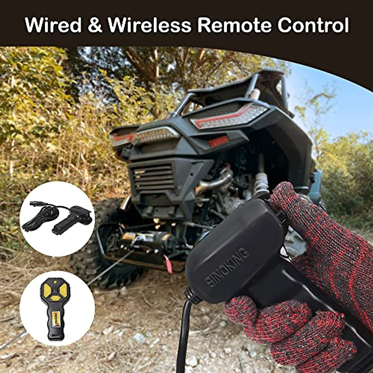SINOKING 6000lb 12V Winch, UTV&ATV Winch with 1/4"× 49ft Synthetic Rope, Wired and Wireless Remote Control with Mounting Plate