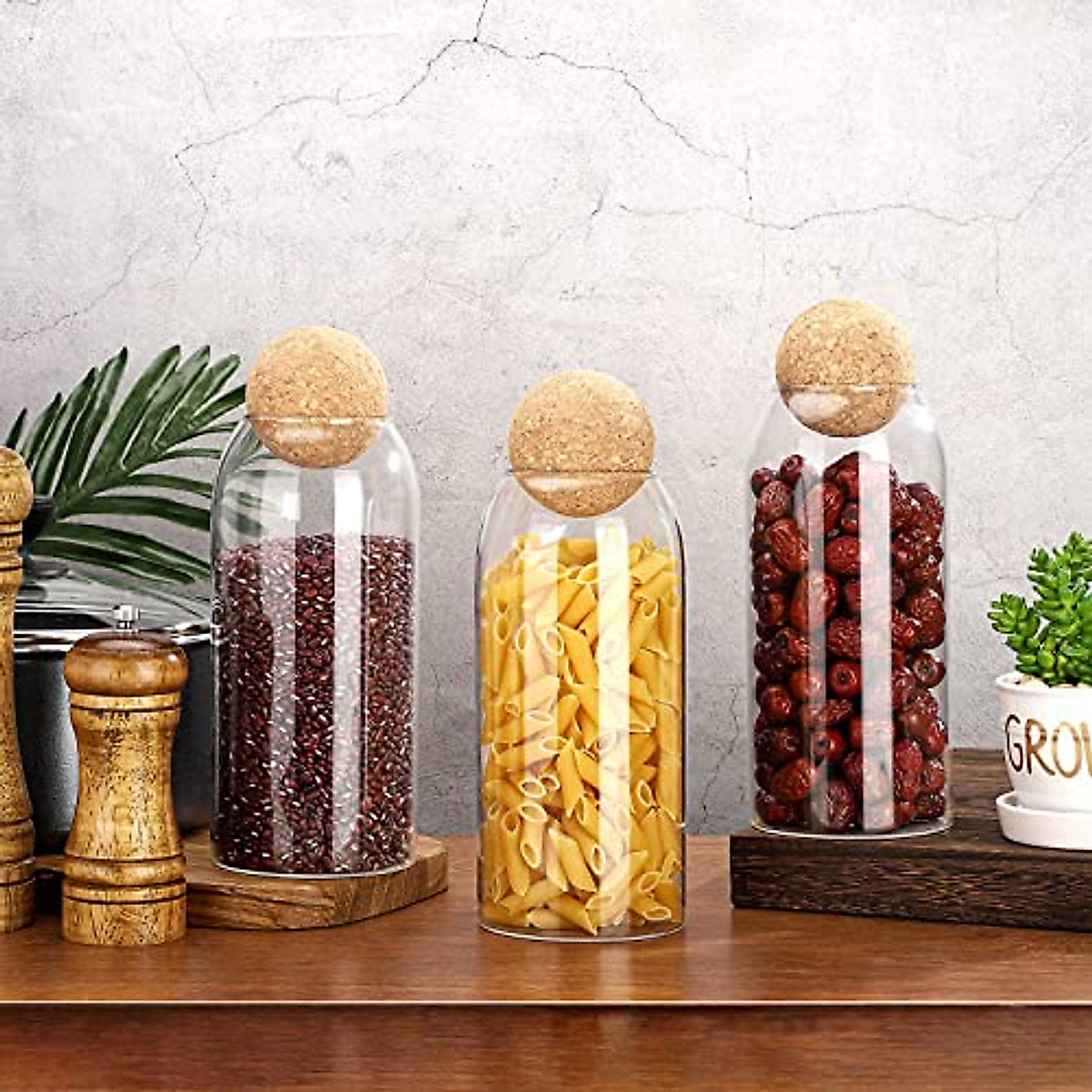 3 Pcs Cork Glass Jar Glass Bottle Sealed Jar Nut Storage Jar Coffee Bean Jar Glass Container with Ball Cork Round Glass Bottles with Cork Glass Canisters with Airtight Seal Wooden Lid (1000 ML/ 34 Oz)