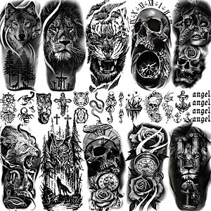FANRUI 22 Sheets Realistic Black Animals Temporary Tattoos For Women Men Half Arm Sleeve, 3D Large Tribal Tiger Lion Death Skull Fake Tattoo Stickers Halloween, Flower Compass Wolf Owl Tatoos Anchor