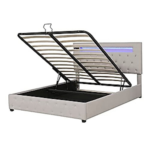 Queen Size Upholstered Platform Bed with Gas Lift up Storage,Adjustable Headboard Featured w/Bluetooth Audio, LED Light and USB Charging,Hydraulic Storage Platform Bed for Kids Teens Adults