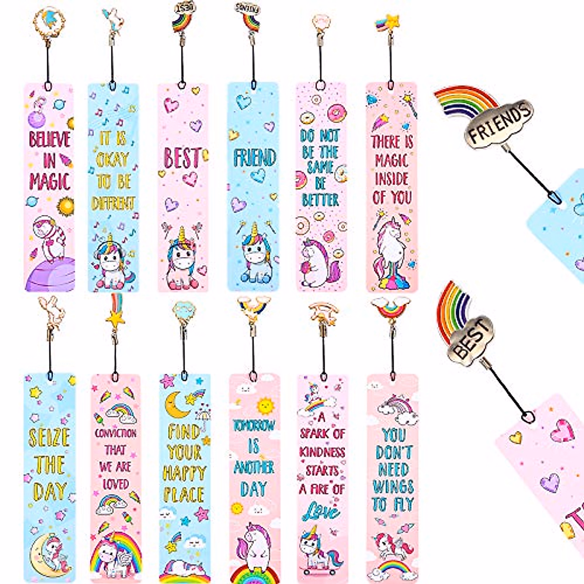 12 Pieces Unicorn and Rainbow Theme Bookmarks Sunflower Theme Bookmarks with 12 Pieces Metal Charms, Inspirational Quotes Bookmarker Page Markers 100th Day of School Gift for Kid (Unicorn-Rainbow)