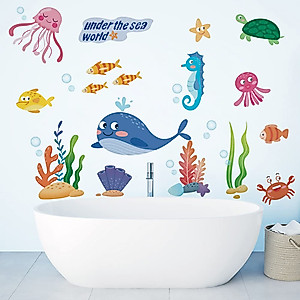 Runtoo Under The Sea Wall Stickers Whale Fish Jellyfish Wall Decals Bathroom Kids Bedroom Baby Nursery Wall Decor