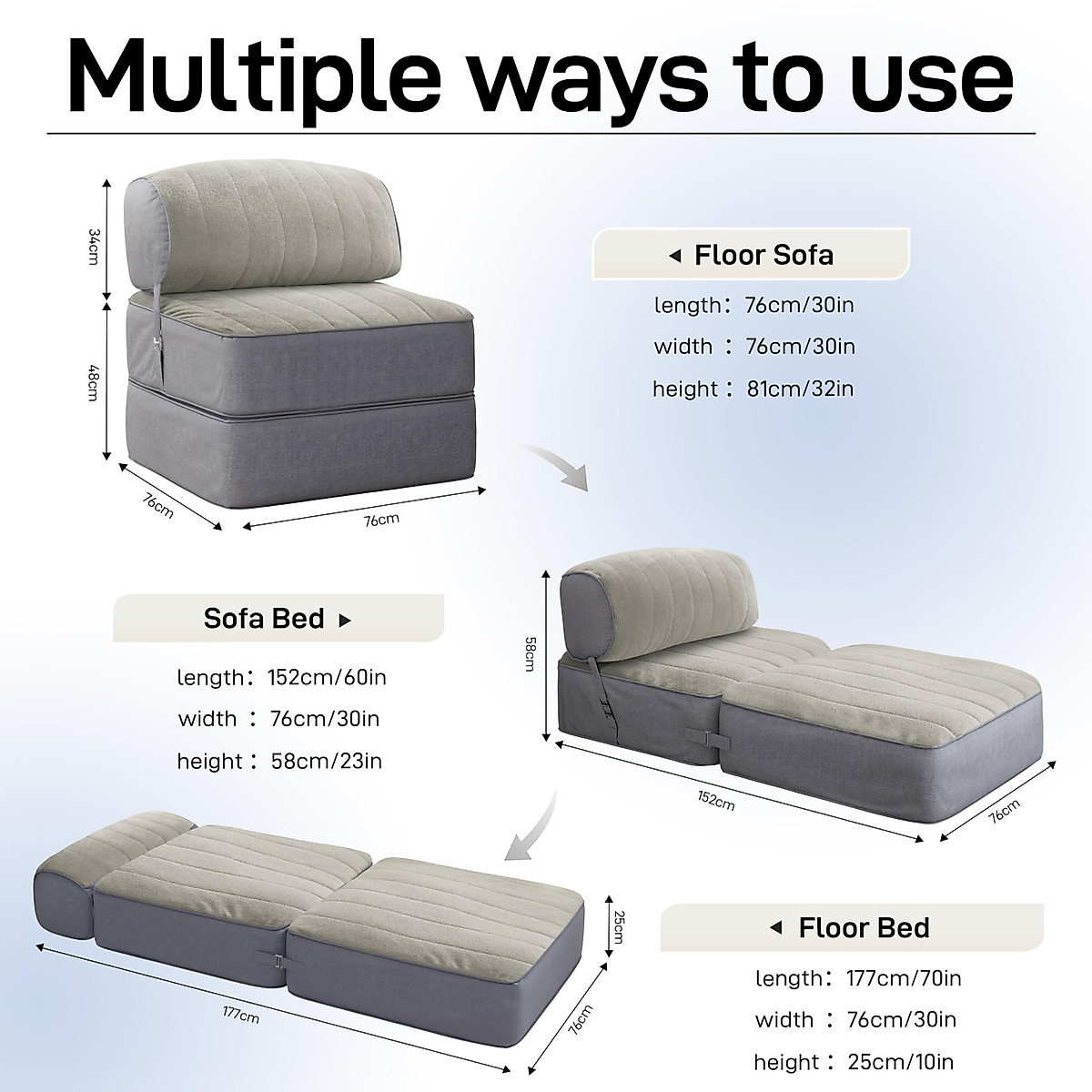 Daneey Convertible Folding Sofa Bed, Folding Chair Bed, Convertible Chair Bed Sleeper and Fold Out Couch, Foam Floor Sofa Couch Bed, Futon Sofa Bed for Bedroom/Living Room/Dorm, Gray