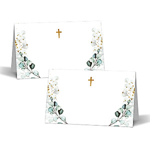 Bohemia Baptism Table Place Cards - 25PCS Tent Cards - Gold Foil Food Labels - First Holy Communion Name Cards for Table Setting - Baptism Prayer for Baby Table Card - Scored for Easy Folding -21