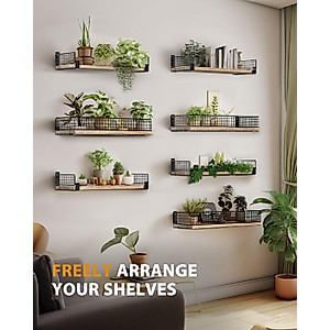 Tatub Floating Shelves with Metal Mesh Edge, Durable Bathroom Shelves for Wall Storage, Wood Wall Mounted Shelves for Living Room, Bedroom, Kitchen and Home Office, Set of 2 (Carbonized Black)