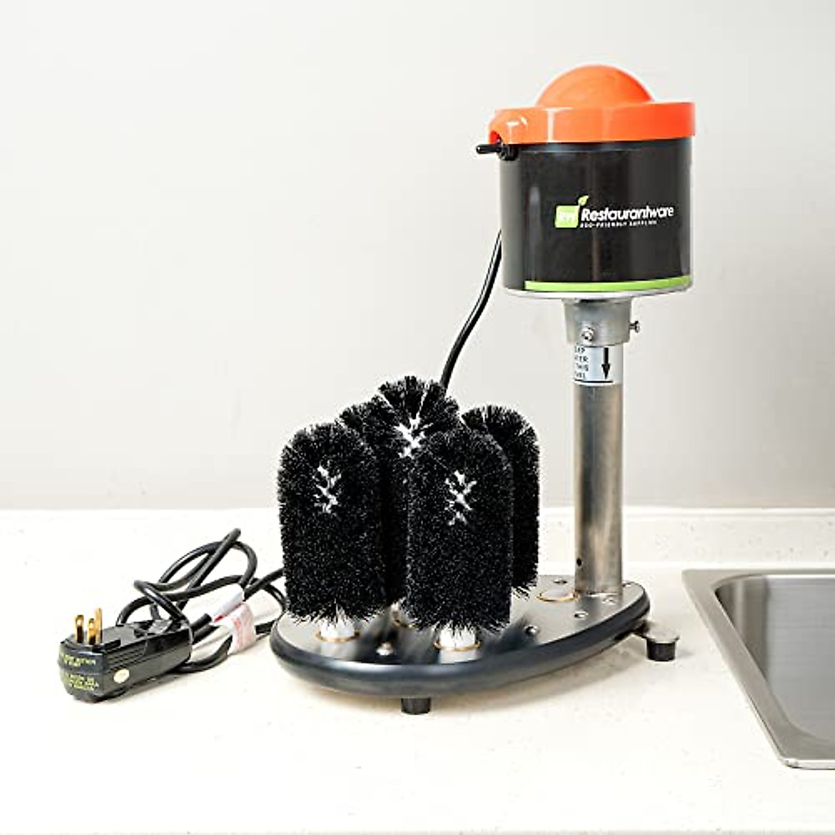 Restaurantware Clean Tek Professional 5-Brush Electric Glass Washer 1 Heavy-Duty Bar Washer - Upright For Bar Or Kitchen Stainless Steel Automatic Glass Washer 115V 1.3 HP NEMA 5-15P Plug