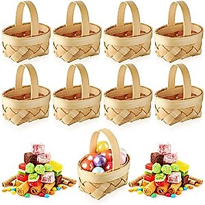 8 Pcs Mini Woven Basket with Handle Miniature Flower Basket Dollhouse Small Picnic Basket Party Favor Wood Weaving Basket Tiny Candy Gift Baskets for Fairy Garden Table Tree Hanging Decoration