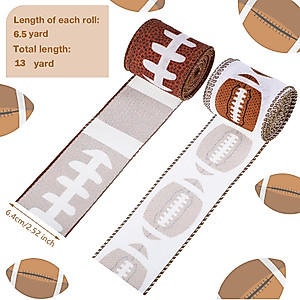 2 Rolls 13 Yards Football Wired Edge Ribbon, 2.5 Inch Brown White Burlap Homecoming Mum Ribbon for Football Sports Gift DIY Wrapping Floral Arrangement Craft Supplies