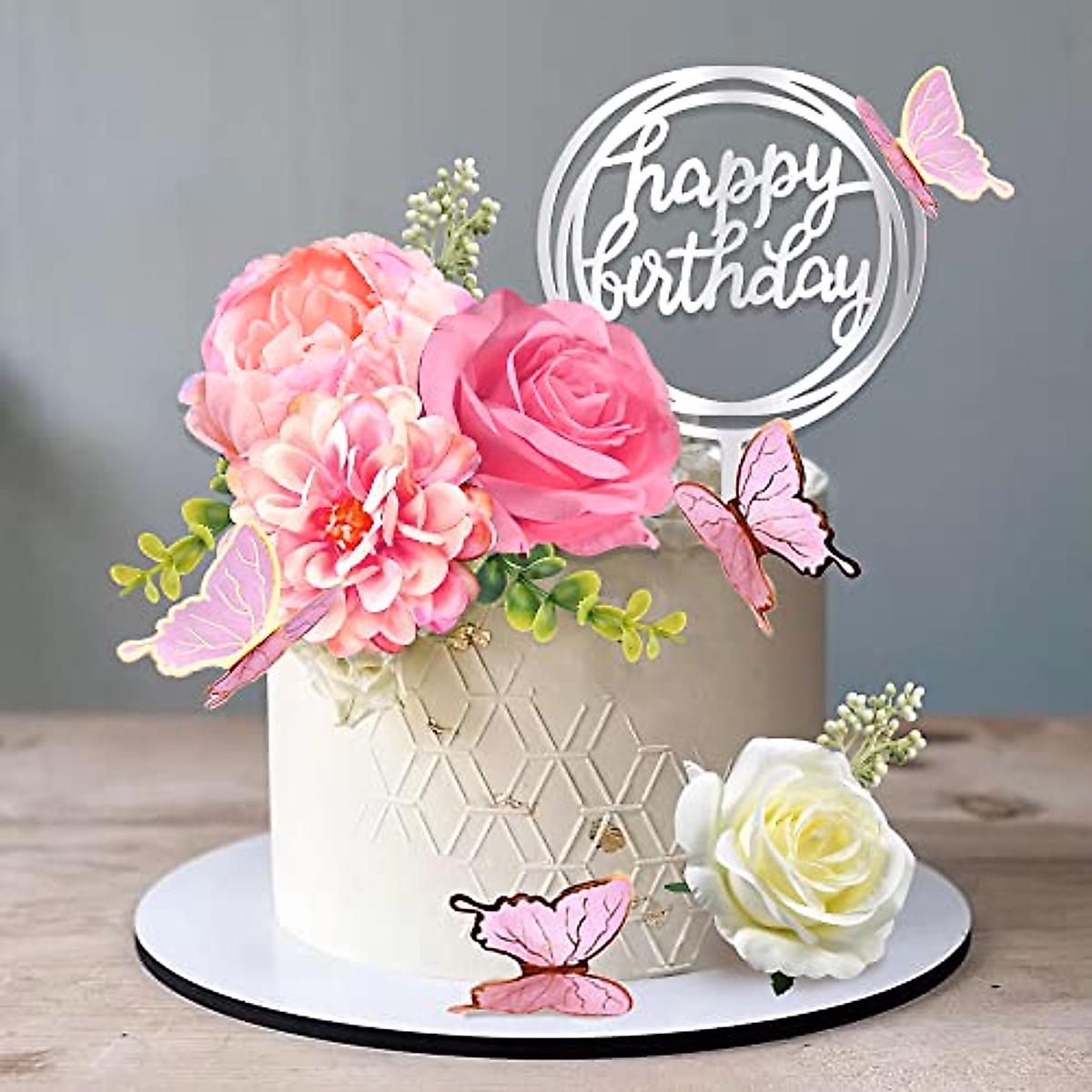 14 PCS Flower Cake Toppers Butterfly Cake Decorations Happy Birthday Cake Toppers with Artificial Pink Rose Flowers Eucalyptus Butterflies for Girls Birthday Party Wedding Baby Shower Supplies (Pink)