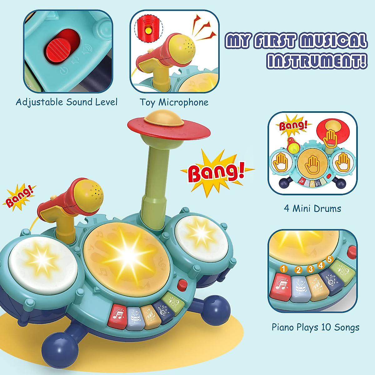 TOY Life 5 in 1 Baby Drum Set for Toddlers 1-3 Musical Toys for Toddlers 1-3 with Toddler Drum Set for Kids Baby Microphone Baby Keyboard Kids Drum Set Boy Toys Kids Boys Girls