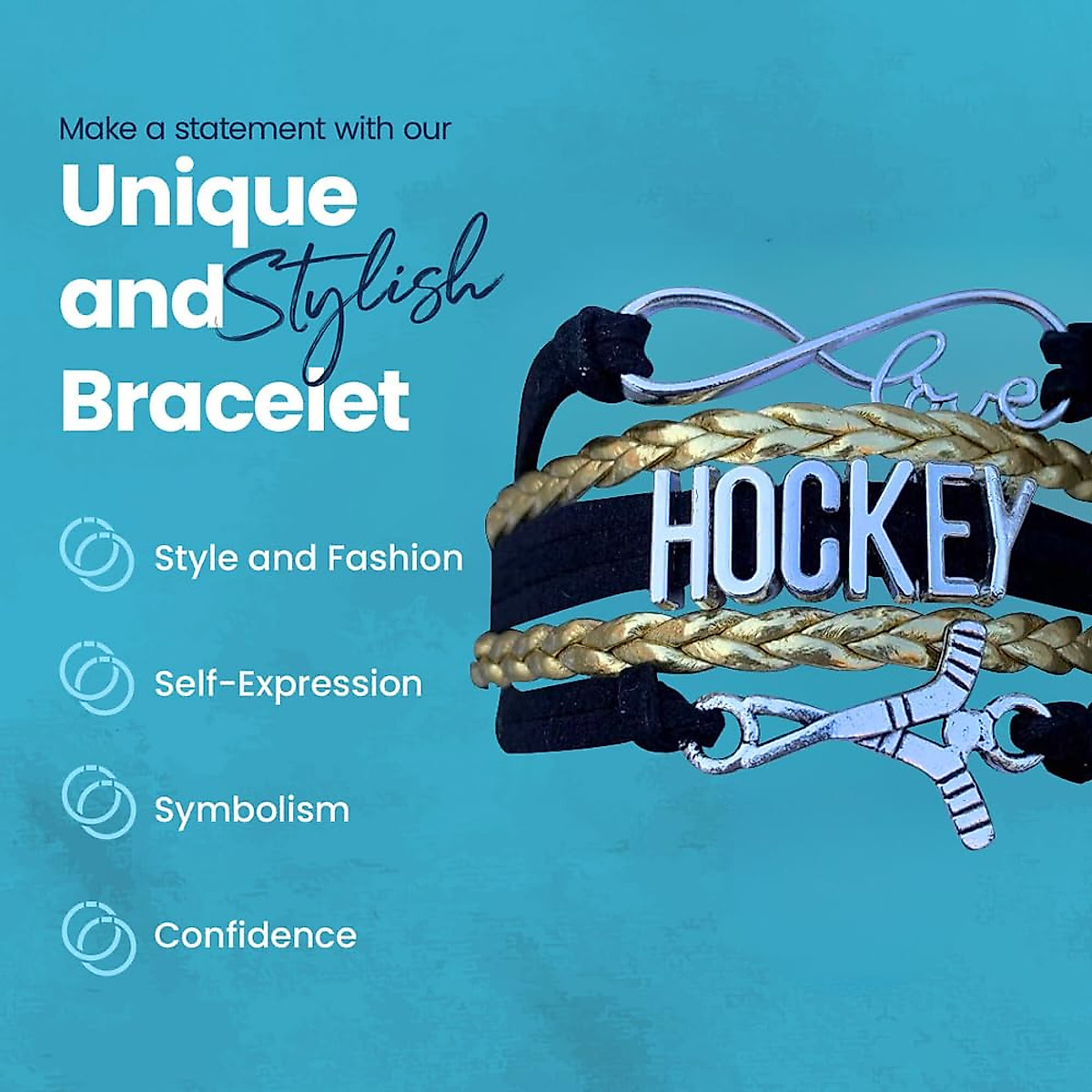 Sportybella Hockey Stick Charm Bracelet (Black/Gold) - Adjustable Bracelet for Women, Teens and Girls