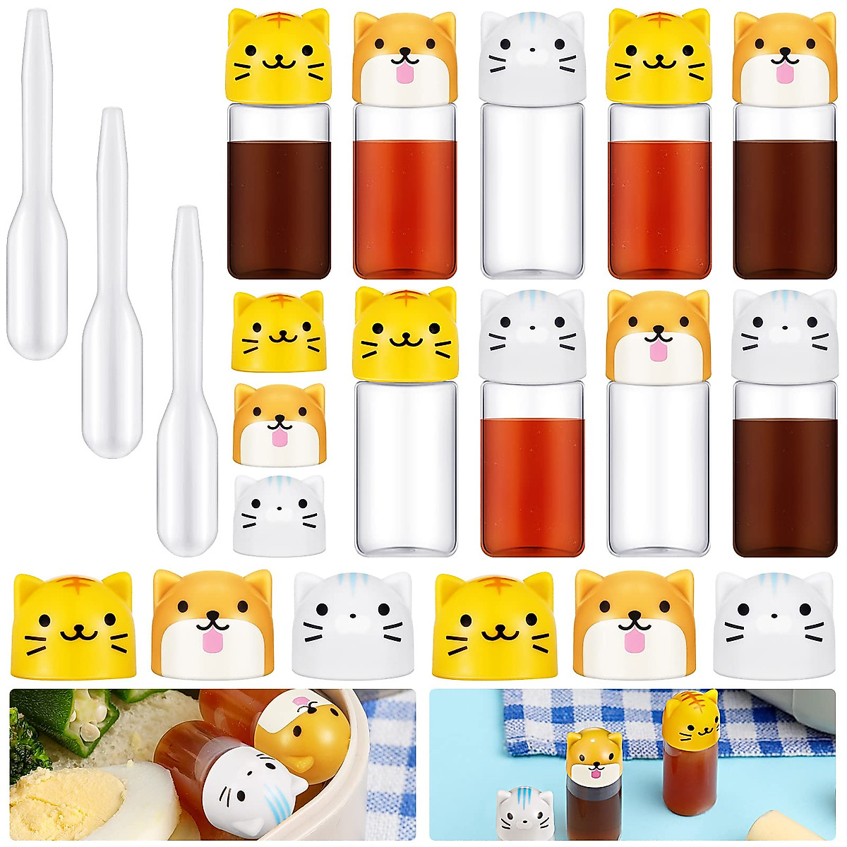 12 Pieces Bento Soy Sauce Case Container Bento Box Accessories, Mini Condiment Plastic Bottle with Dropper, Cute Animal Lunch Sauce Case Container for Kids Hiking Travel Lunch Salad Ketchup Syrup Oil